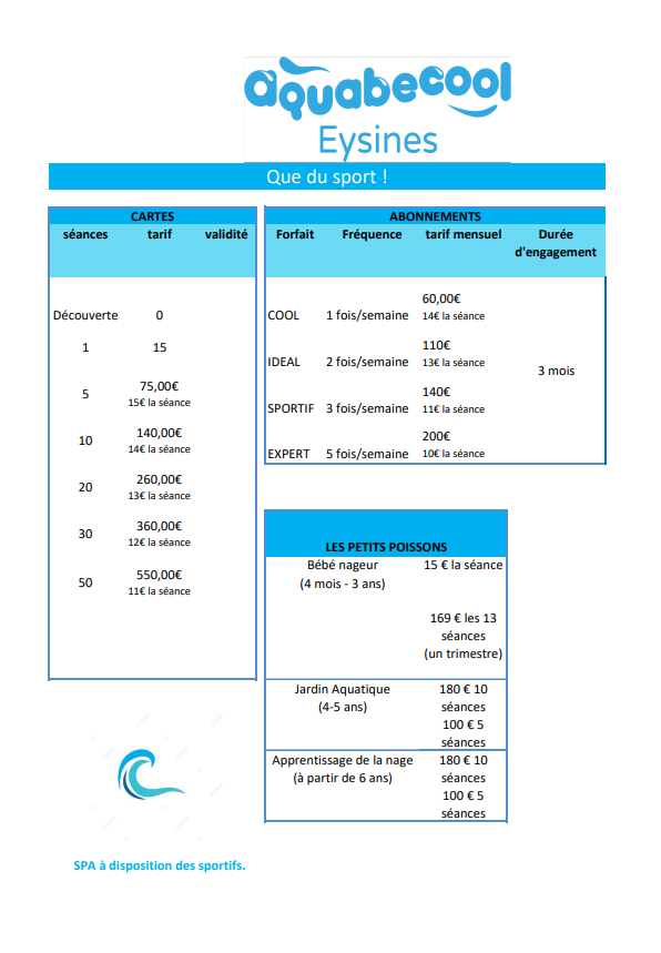 Nouveaux tarifs à partir du 01/09/2023 - Aquabecool Eysines